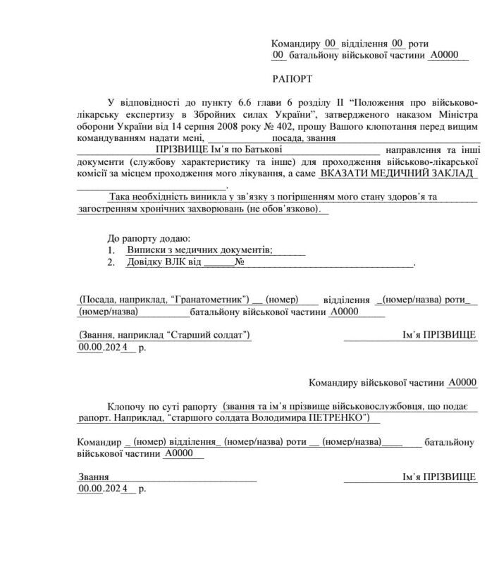 Рапорт на ВЛК як правильно написати та зразок оформлення
